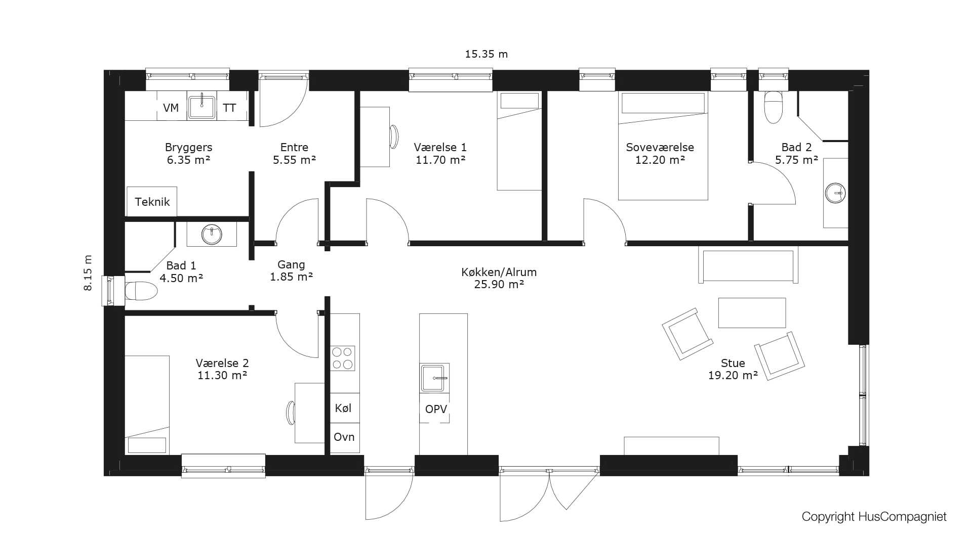 Plantegning | Længehus 125 m2| HusCompagniet